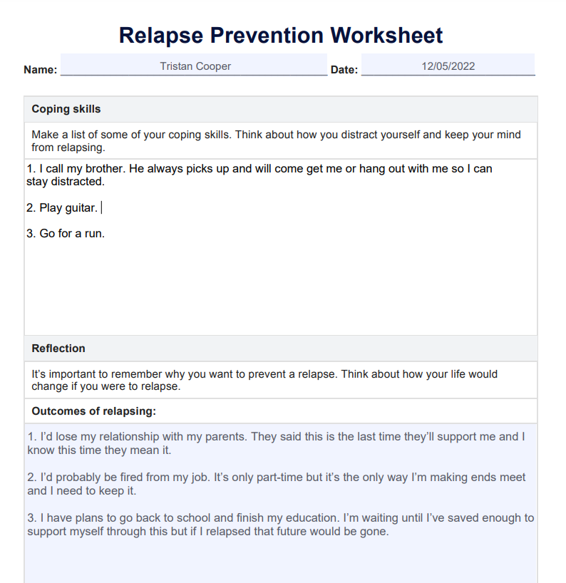 Relapse Prevention Worksheet & Example | Free PDF Download